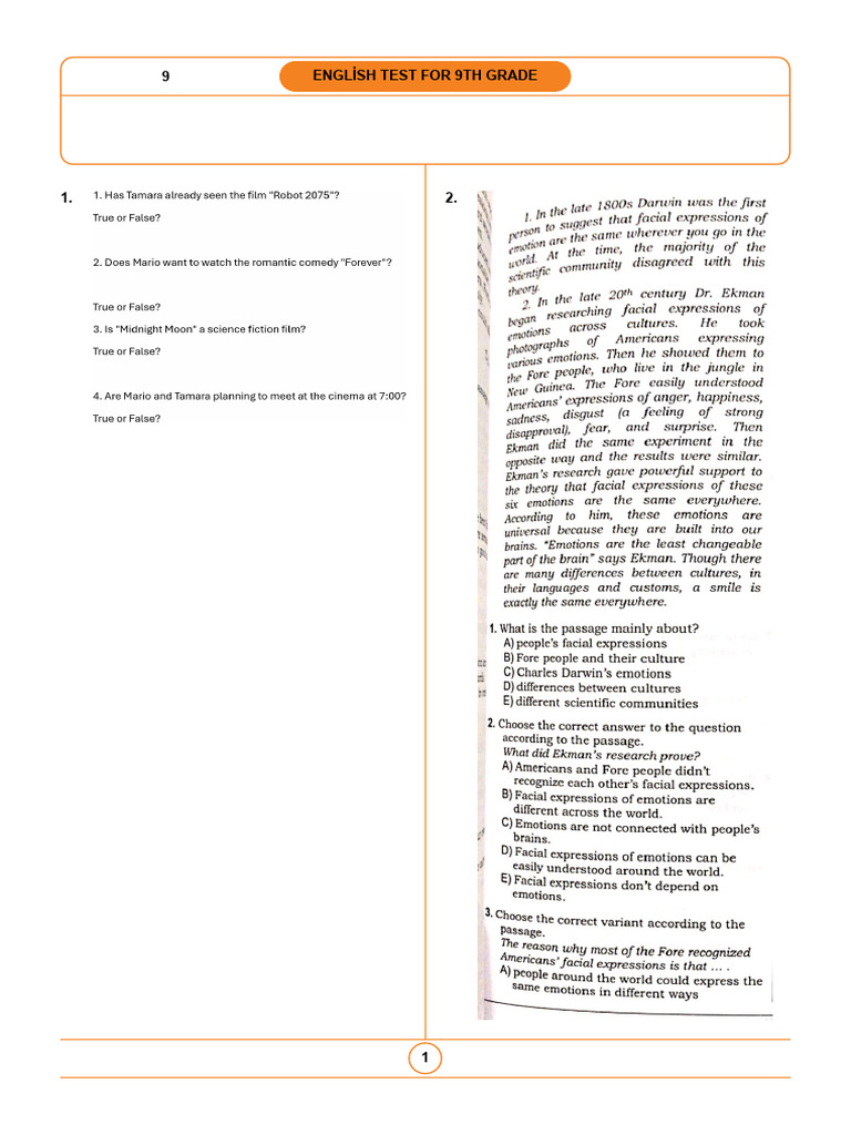 ENGLİSH TEST FOR 9TH GRADE (1) - Merged | PDF
