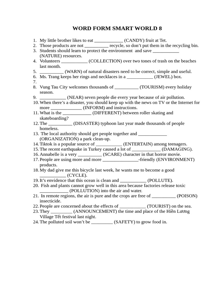 Word Form Exercises for Grade 8 | PDF