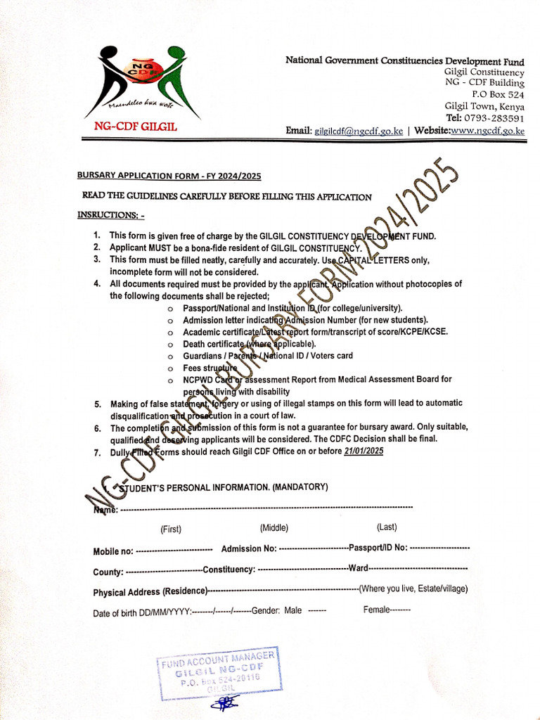NG-CDF Gilgil Bursary Form | PDF