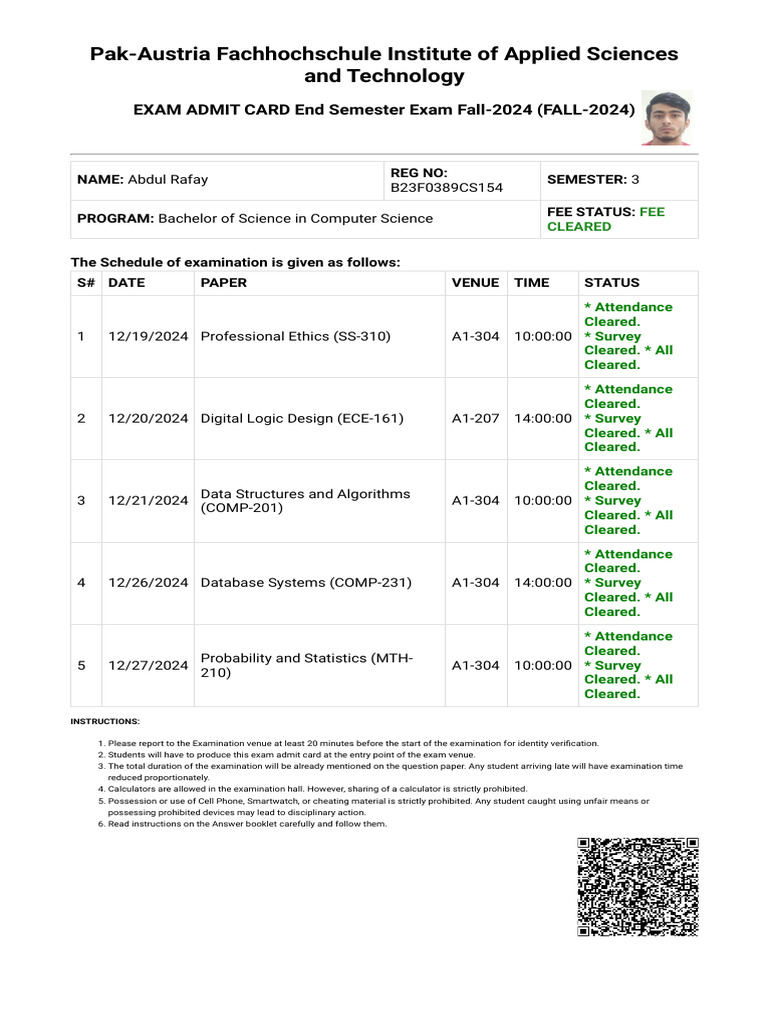 Fall 2024 Exam Admit Card Details | PDF | Computing | Computer Science
