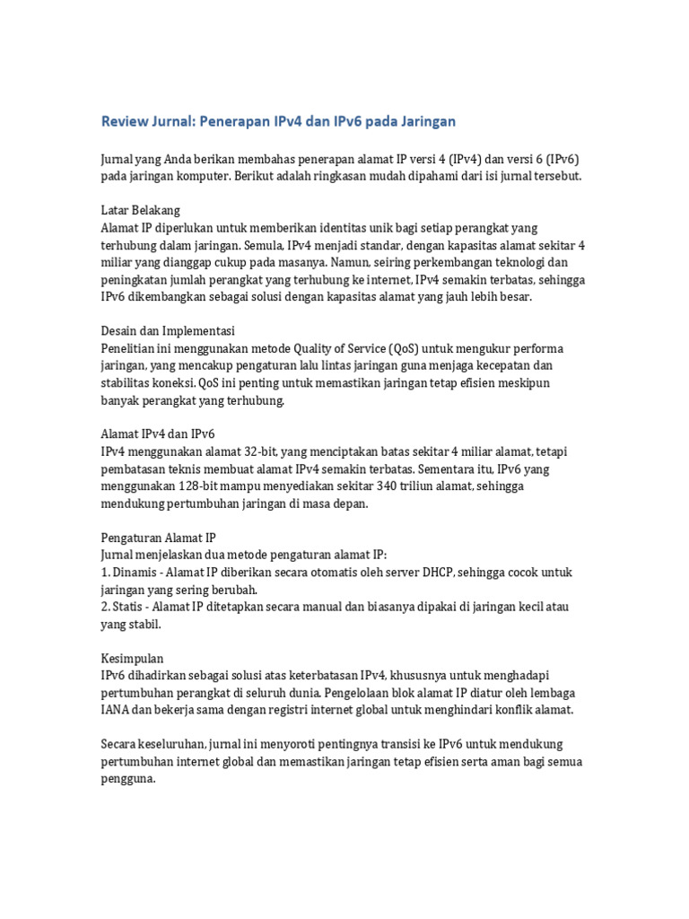 Review Jurnal Penerapan IPv4 Dan IPv6 Afrizal 1 | PDF