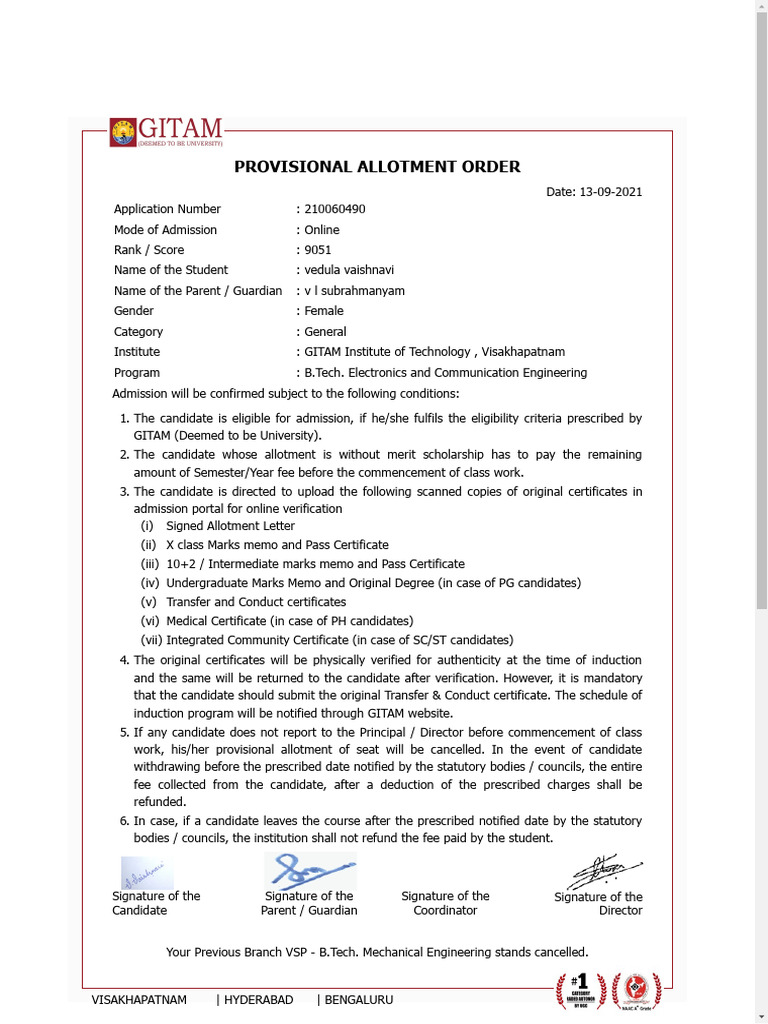 GITAM ALLOTMENT ORDER | PDF