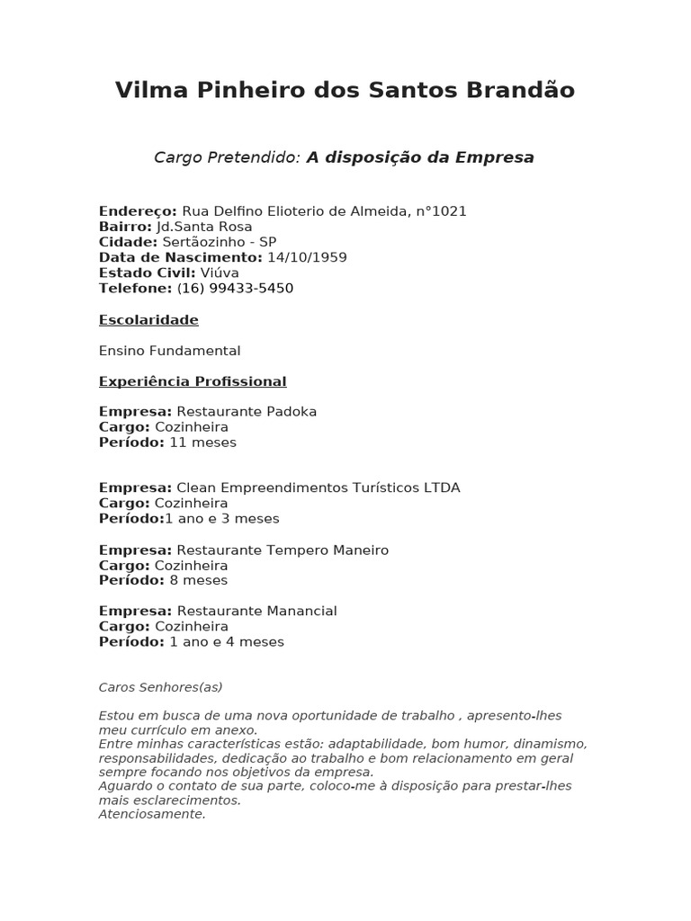 Currículo de Cozinheira - Vilma Brandão | PDF