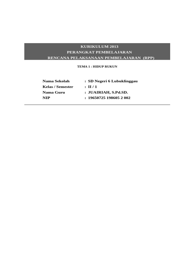 RPP TEMA 1 SD KELAS 2 SEMESTER 1 - Hidup Rukun | PDF