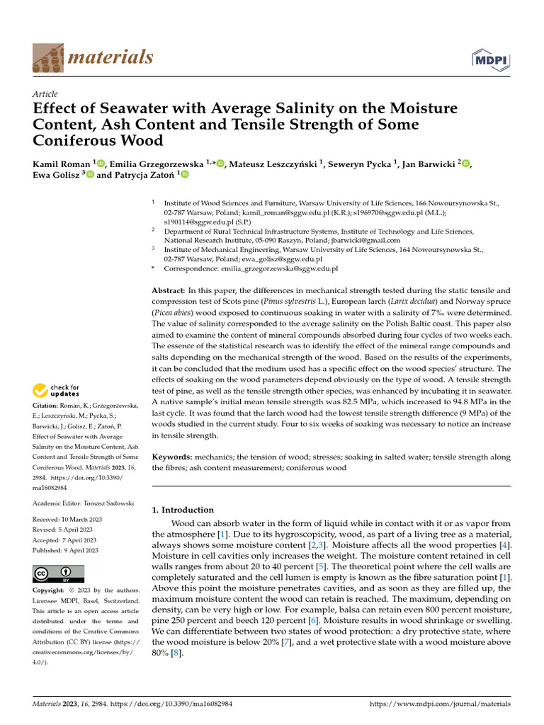 Effect of Seawater With Average Salinity On The Mo | PDF | Wood | Spruce