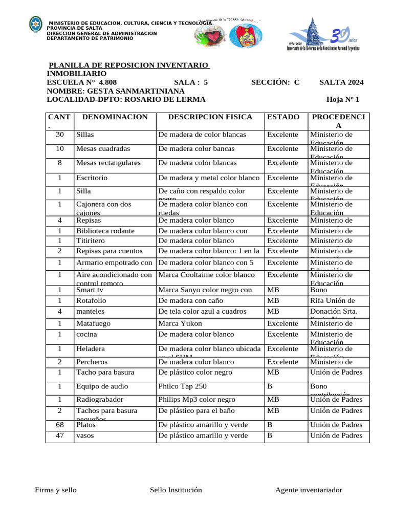 PLANILLA REPOSICION INVENTARIO 2024 | PDF