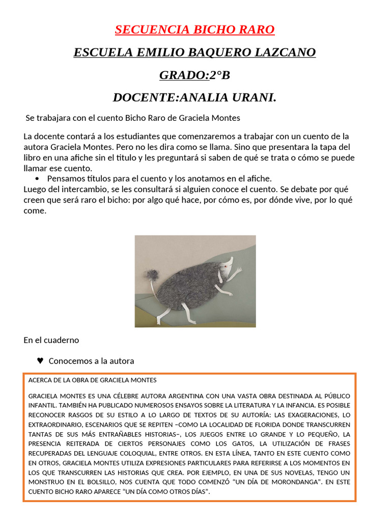 Actividades sobre "Bicho Raro" | PDF | Cuentos