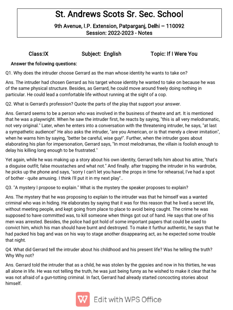 English Class IX: "If I Were You" Analysis | PDF