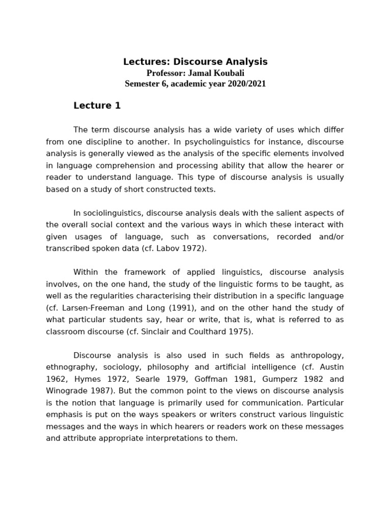 1_M33_S6P2, Discourse Analysis, Lecture 1, Pr. Koubali | PDF | Discourse | Linguistics