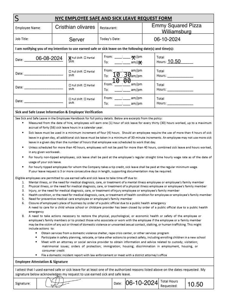 Nyc Employee Safe and Sick Leave Request Form | PDF | Employment | Sick ...