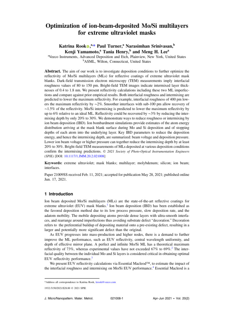 Optimization of Ion-Beam-Deposited MoSi Multilayers For Extreme Ultraviolet Masks (ASML) | PDF ...