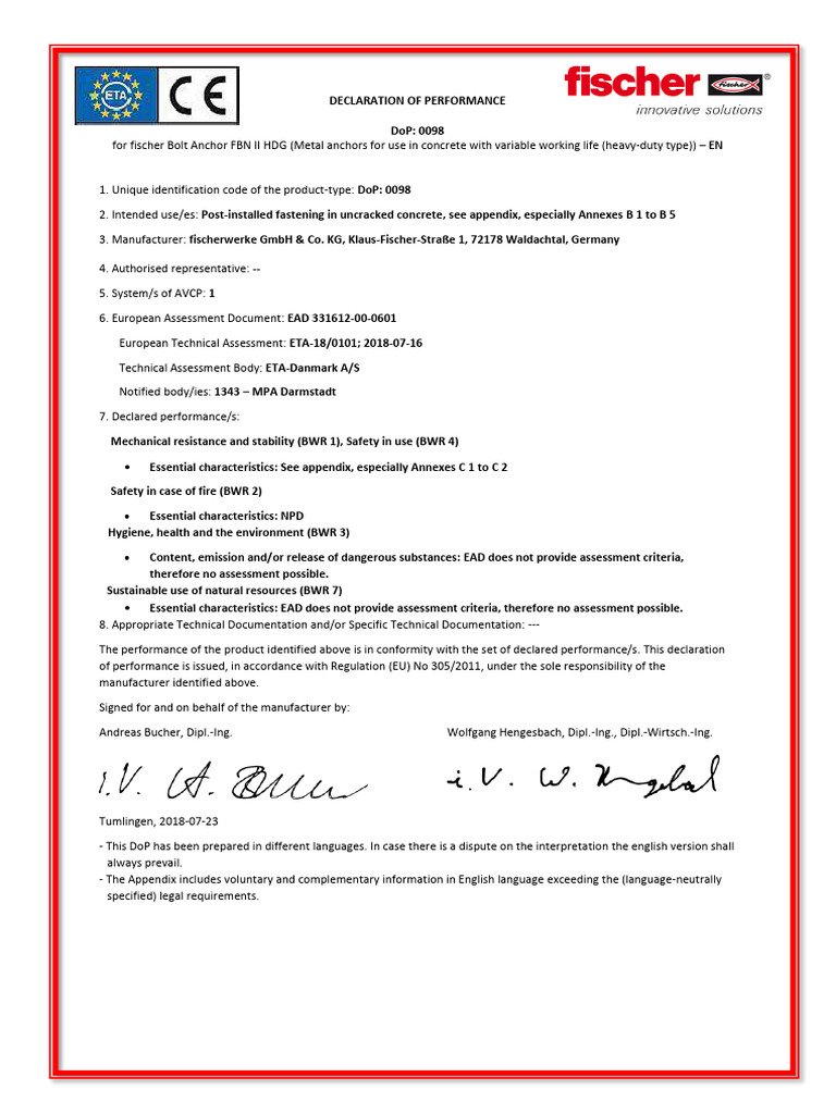 ZD - Dop - en - FBN Ii HDG Beton - Dop 0098 - Eta 18 0101 | PDF | Screw | Nut (Hardware)