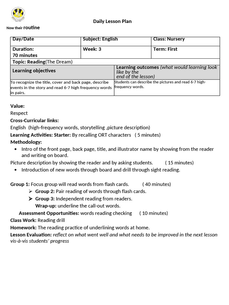 Lesson Plan Week 3 4th 8th September 2023 Copy PDF Lesson