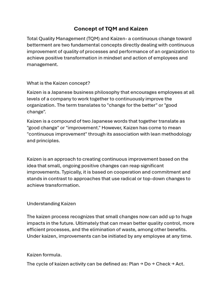 Concept of TQM and Kaizen | PDF | Lean Manufacturing | Production And ...