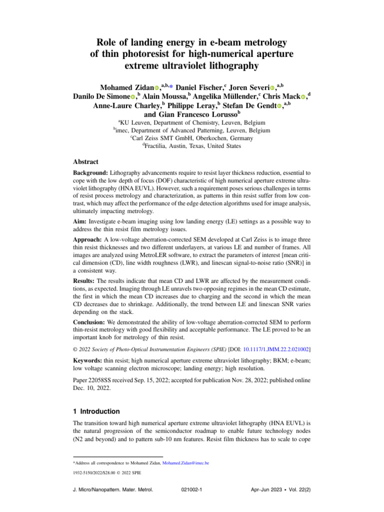 Role of Landing Energy in E-Beam Metrology of Thin Photoresist For High ...