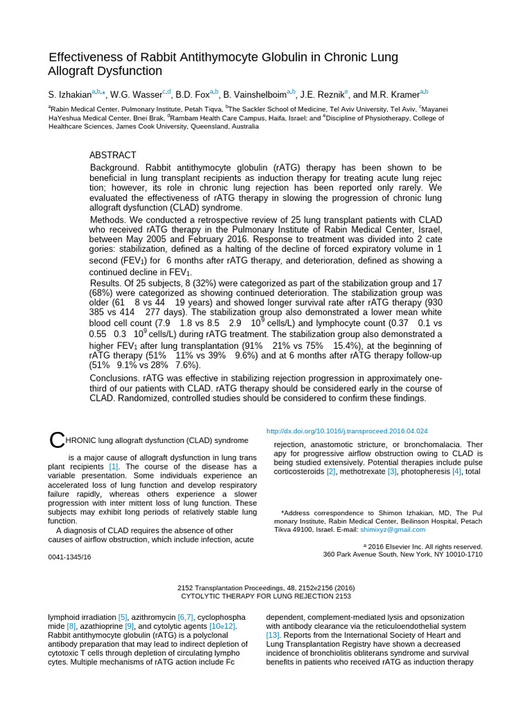 [4] Effectiveness of Rabbit Antithymocyte Globulin in Chronic Lung ...