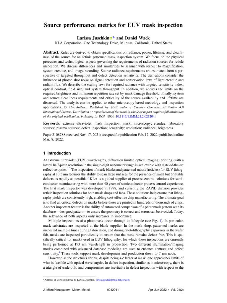 Source Performance Metrics For EUV Mask Inspection (KLA Corporation ...