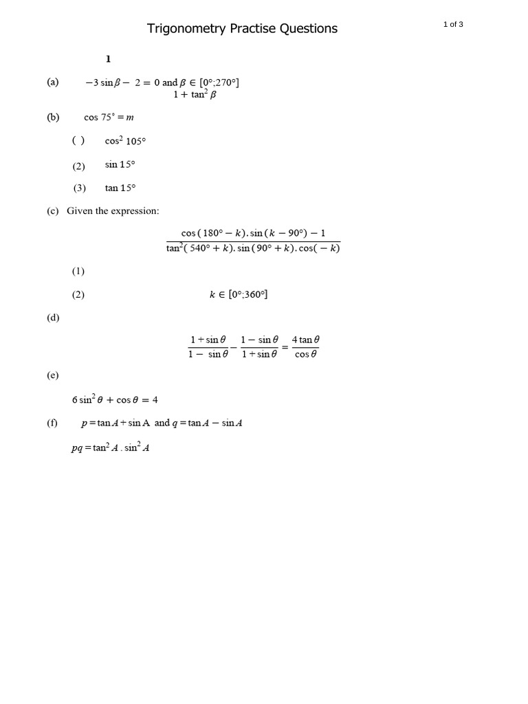 Trig Practise Questions | PDF | Special Functions | Elementary Geometry
