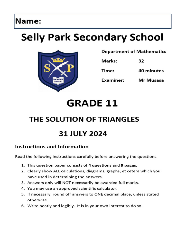 Solution of Triangles Test | PDF | Geometry | Elementary Geometry
