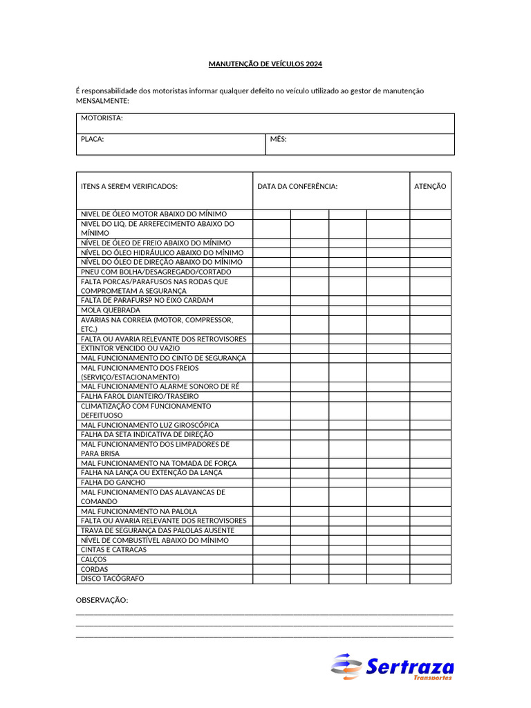 Checklist Mensal de Manutenção Veicular | PDF