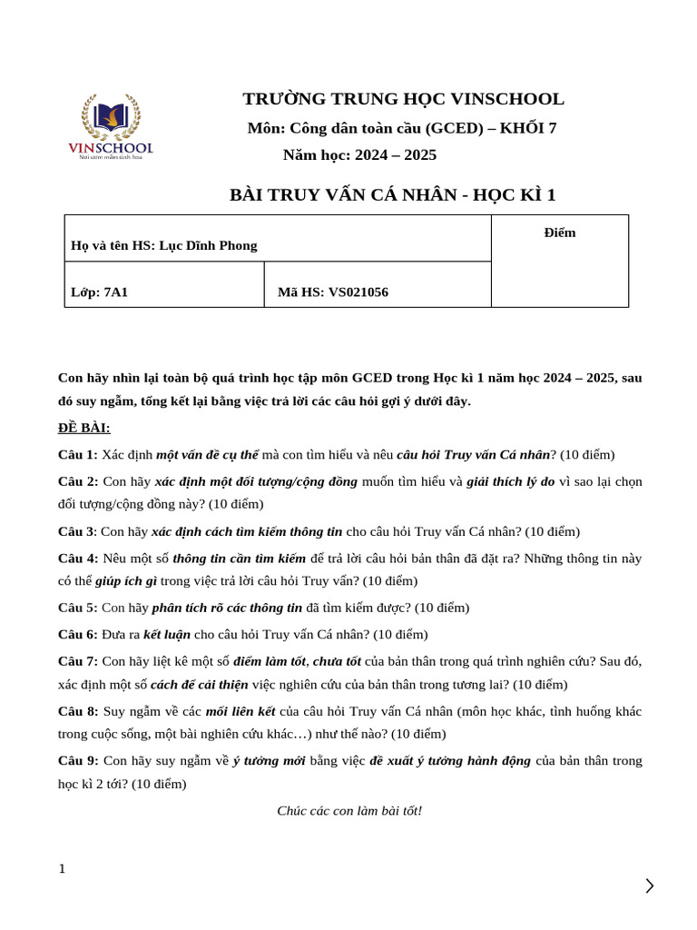 TEMPLATE - TRUY VẤN CÁ NHÂN HK1-1 (LỤC DĨNH PHONG) Final | PDF