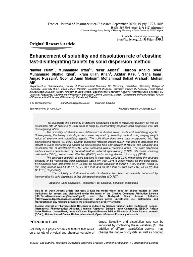Enhancement of Solubility and Dissolution Rate of Ebastinen | PDF | Solubility | Tablet (Pharmacy)