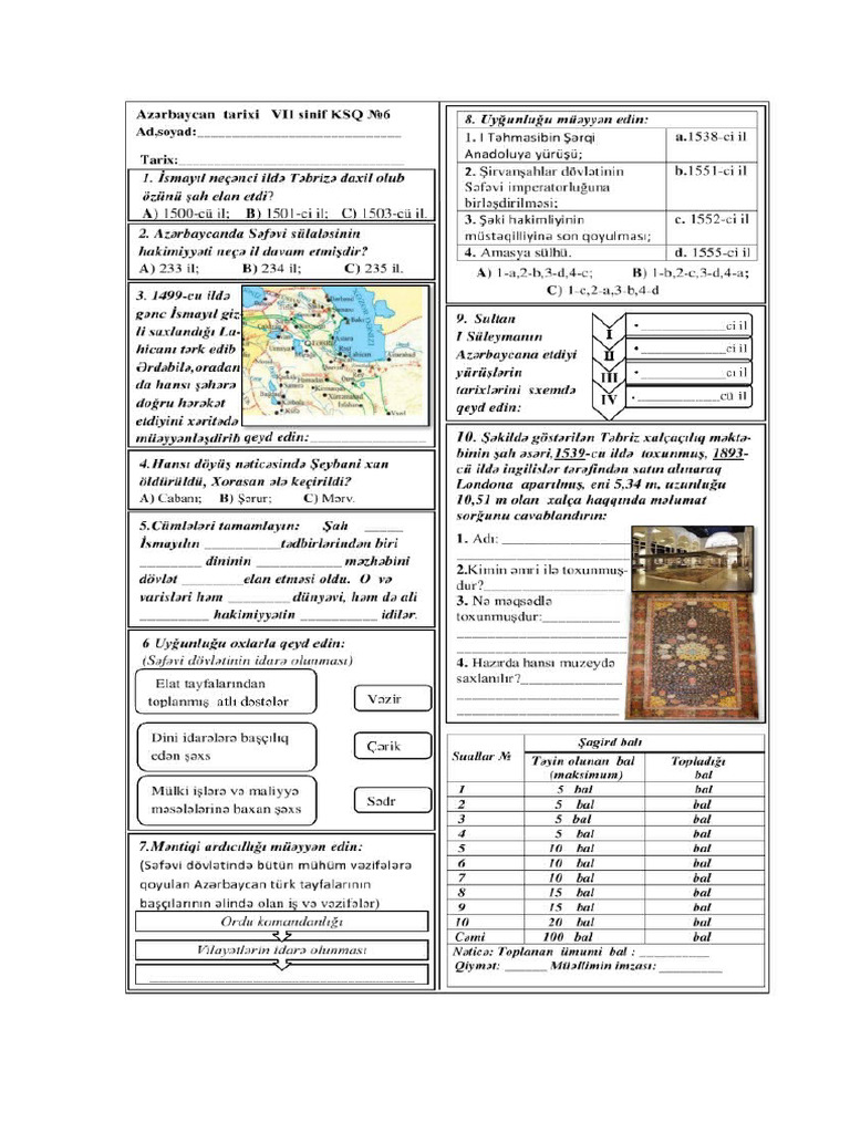 Azərbaycan tarixi VII sinif KSQ №6 | PDF