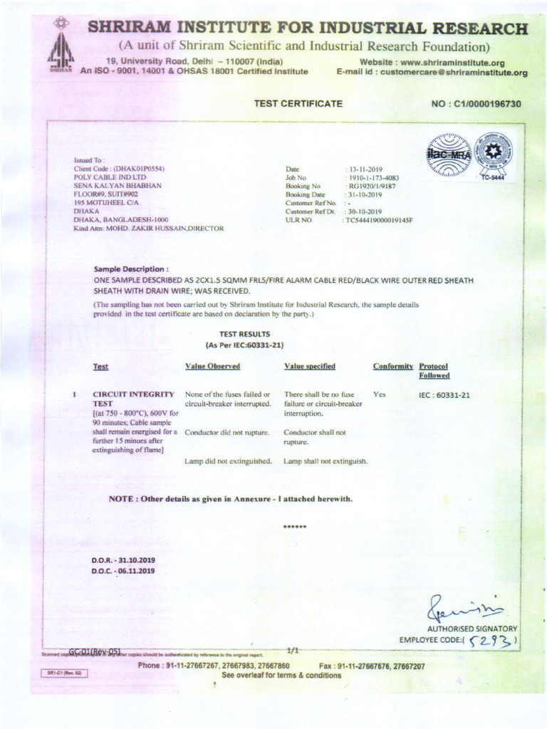 Fire Alarm Cable (Poly) Certificate 2x1.5 RM | PDF