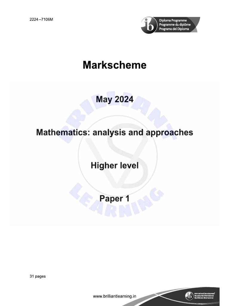 IB Math AA HL 2024 TZ2 Paper 1 - Markscheme | PDF