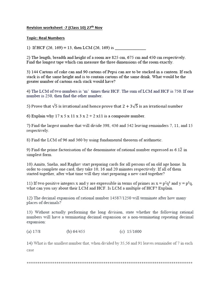 Revision Worksheet - Real Numbers and Linear Eqs Only Qs (Class 10) 27th Nov | PDF | Numbers ...