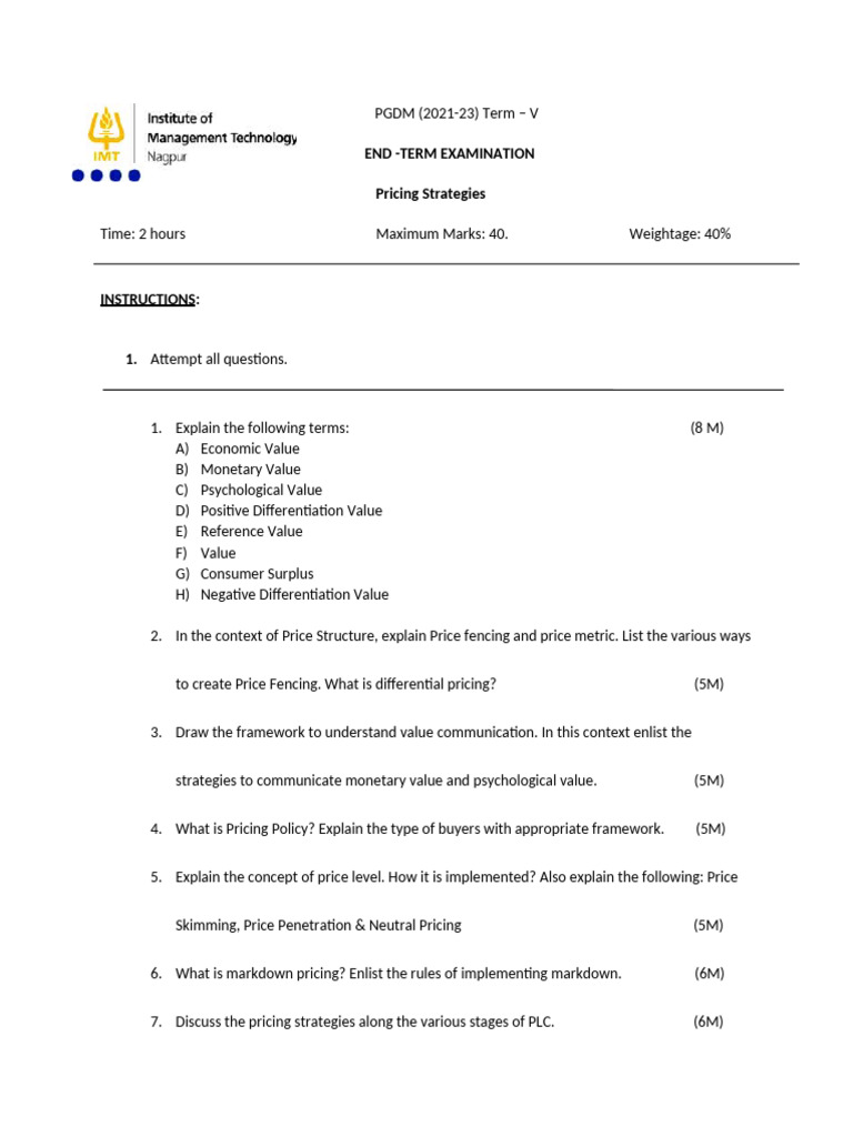 End - Term Examination Pricing Strategies | PDF