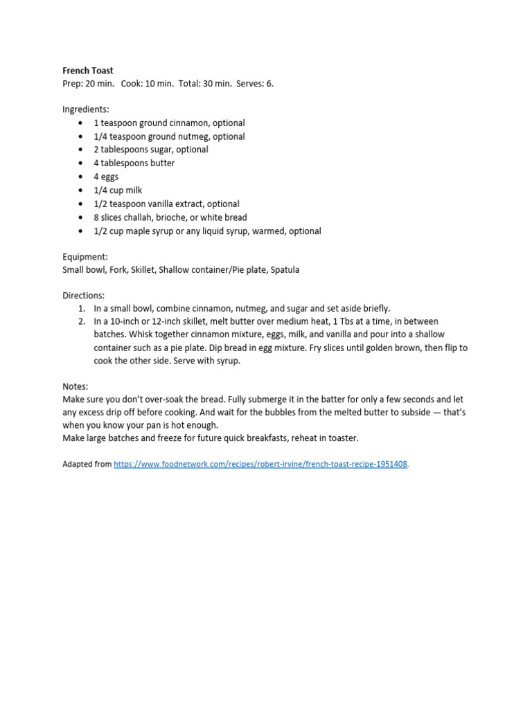 Easy French Toast Recipe for 6 | PDF