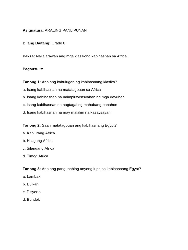 Quiz - ARALING PANLIPUNAN | PDF