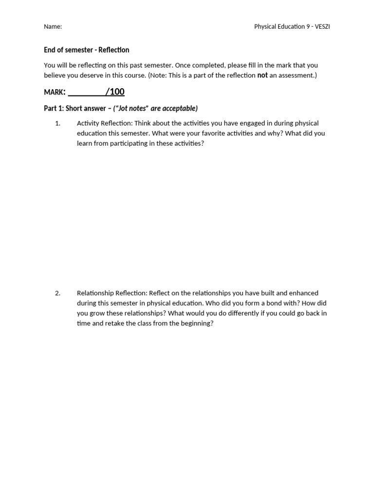 PE 9 Semester Reflection Guide | PDF