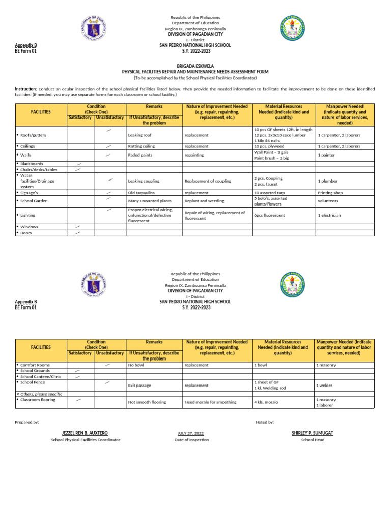 Pre Implementation BE Form 01 Physical Facilities Repair and Maintenance Needs Assessment Form | PDF