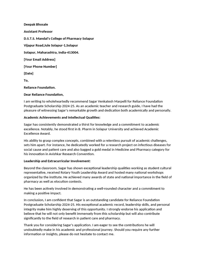 Recommendation for Scholarship: Sagar Marpelli | PDF