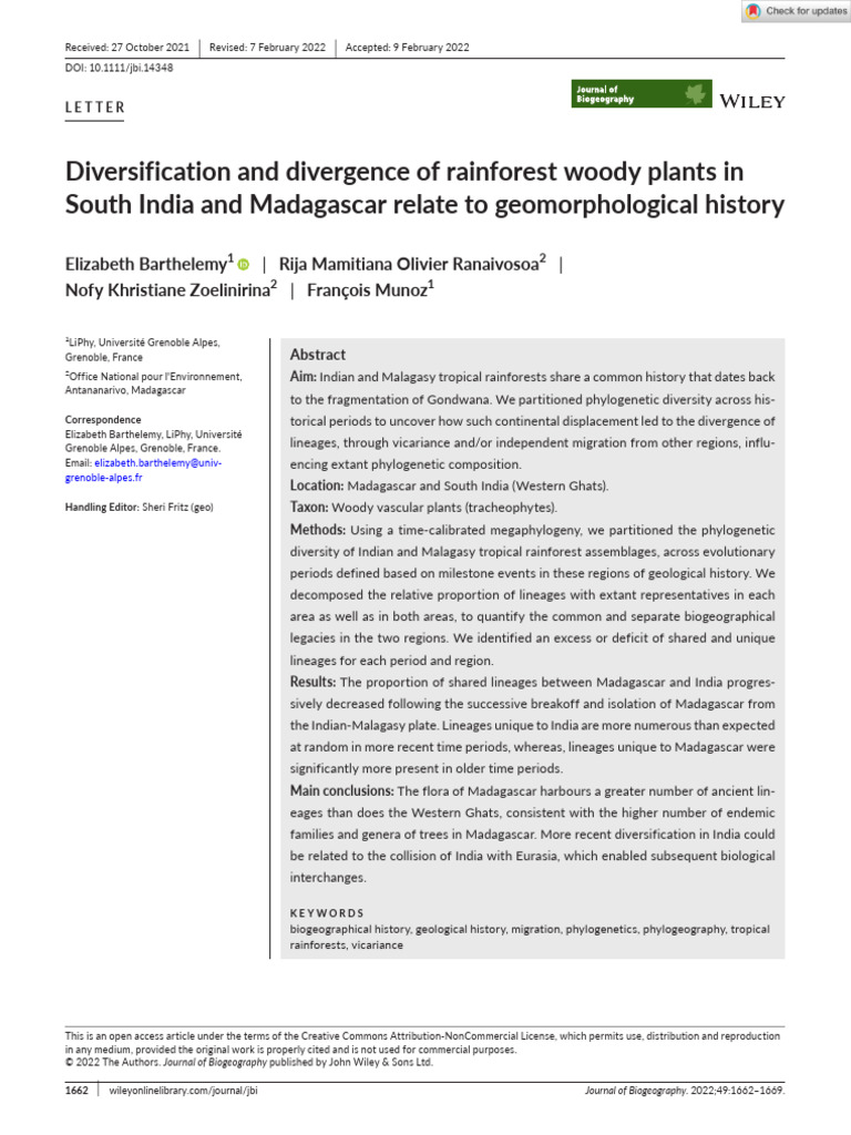 Journal of Biogeography - 2022 - Barthelemy - Diversification and ...