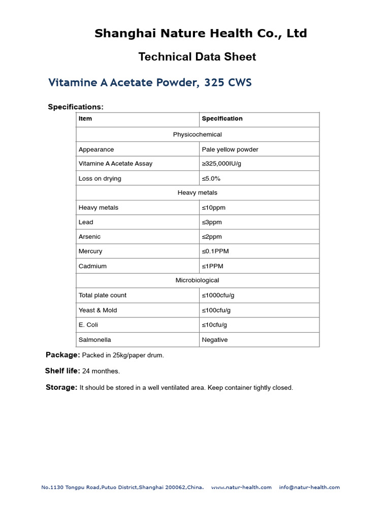 TDS of Vit A Acetate Powder | PDF