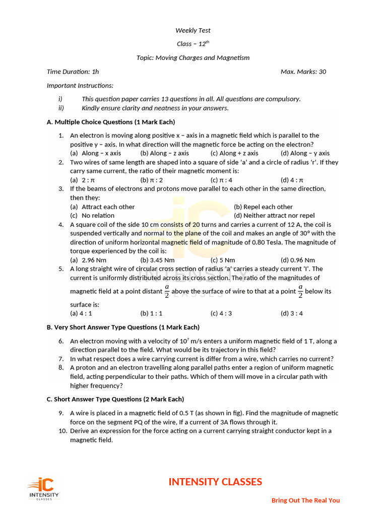 Weekly Test (Moving Charges) | PDF | Magnetic Field | Electron