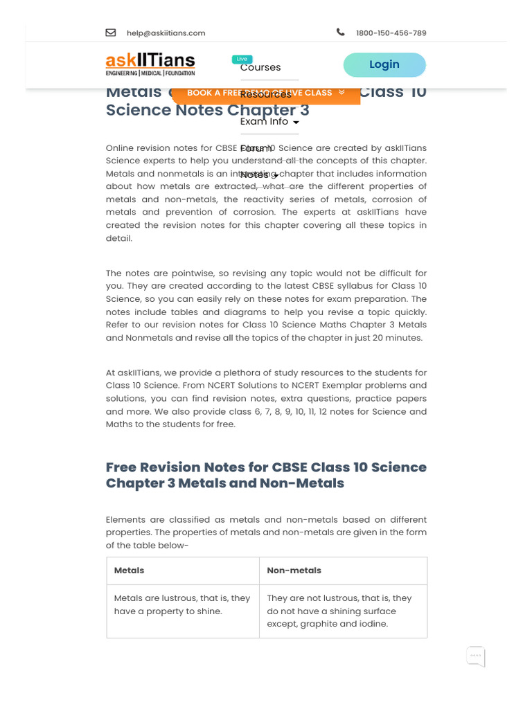 Revision Notes For Science Chapter 3 - Metals and Non-Metals (Class ...