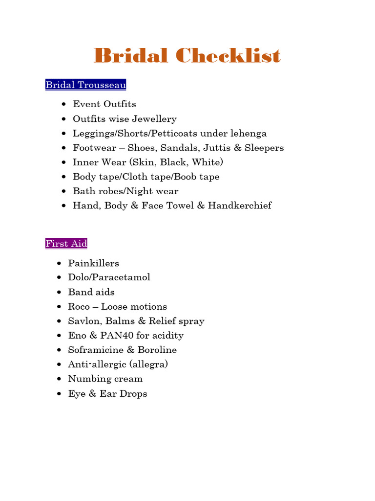 Bridal Trousseau & Essentials Checklist | PDF