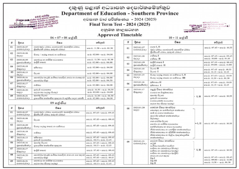Southern Province 2024 (2025) Final Term Test Time Table | PDF