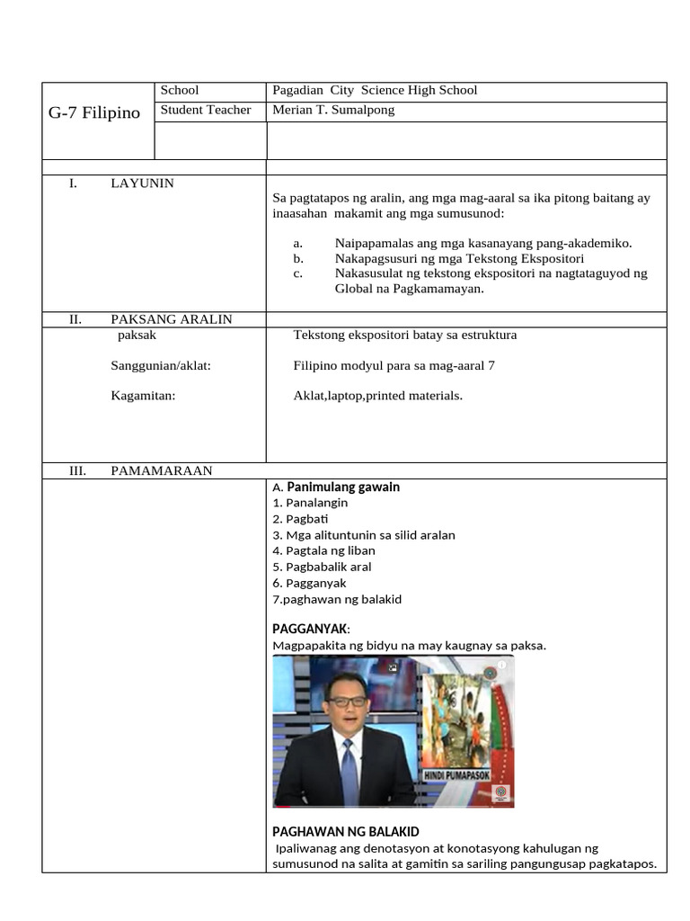 Banghay Aralin Sa Filipino 7 | PDF