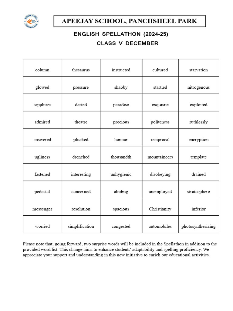 English Spellathon Class V - December | PDF