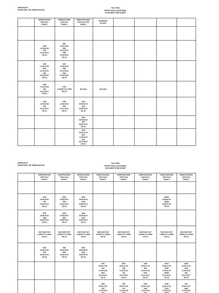 Click Here For Time Table of Fiitjee Tower, Sec-62, Noida | PDF