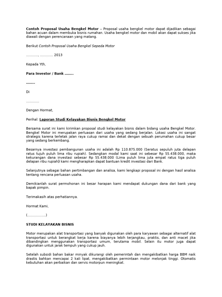 Contoh Proposal Usaha Bengkel Motor | PDF