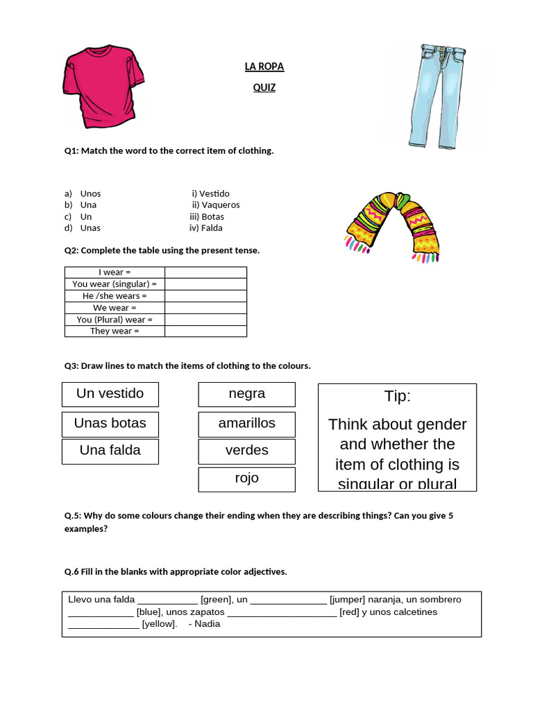 Copy of La Ropa Quiz | PDF