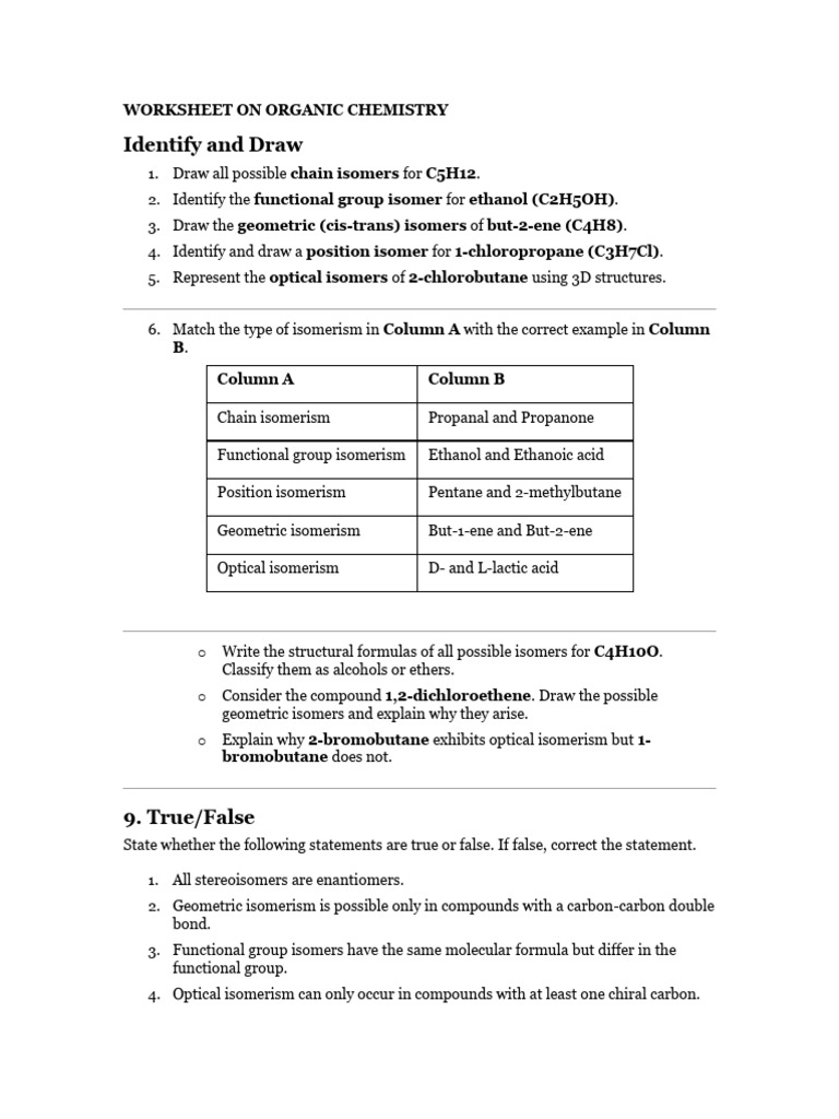 Worksheet On Organic Chemistry | PDF