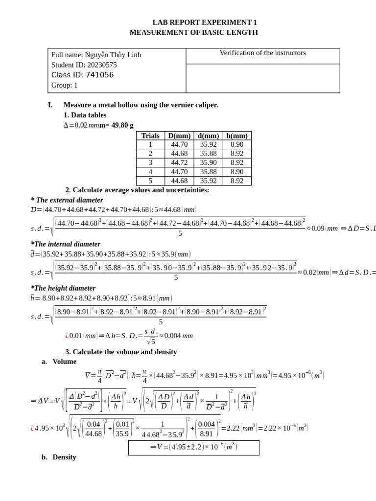 Lab Report Experiment 1.1 | PDF | Metrology