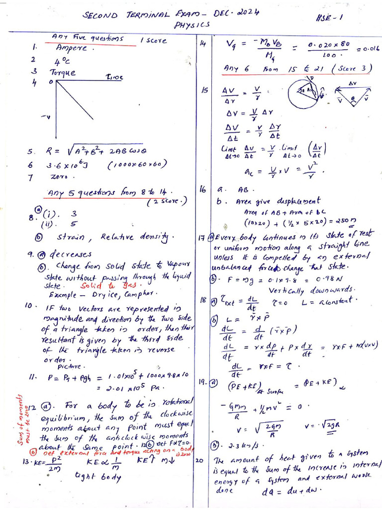 Plus One Second Term Exam 2024 Physics Answer Key | PDF